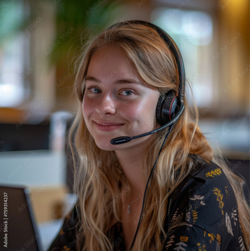 stylish 20 year old girl wearing headset sitting in front of laptop ...