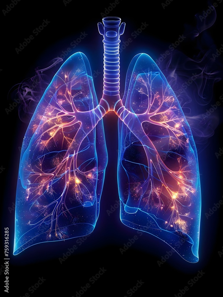 Medical illustration of lungs highlighted in detail, with glowing blue ...