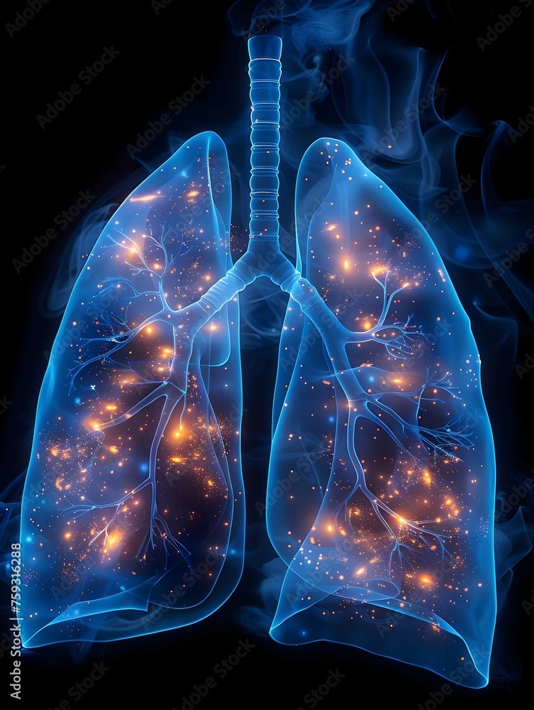 A medical illustration of lungs highlighted in detail, with glowing ...