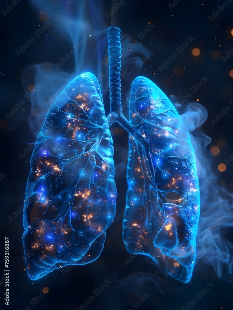 Illustration of lungs highlighted in detail, with glowing blue airways ...
