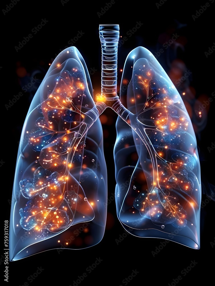 Illustration of lungs highlighted in detail, with glowing blue airways ...