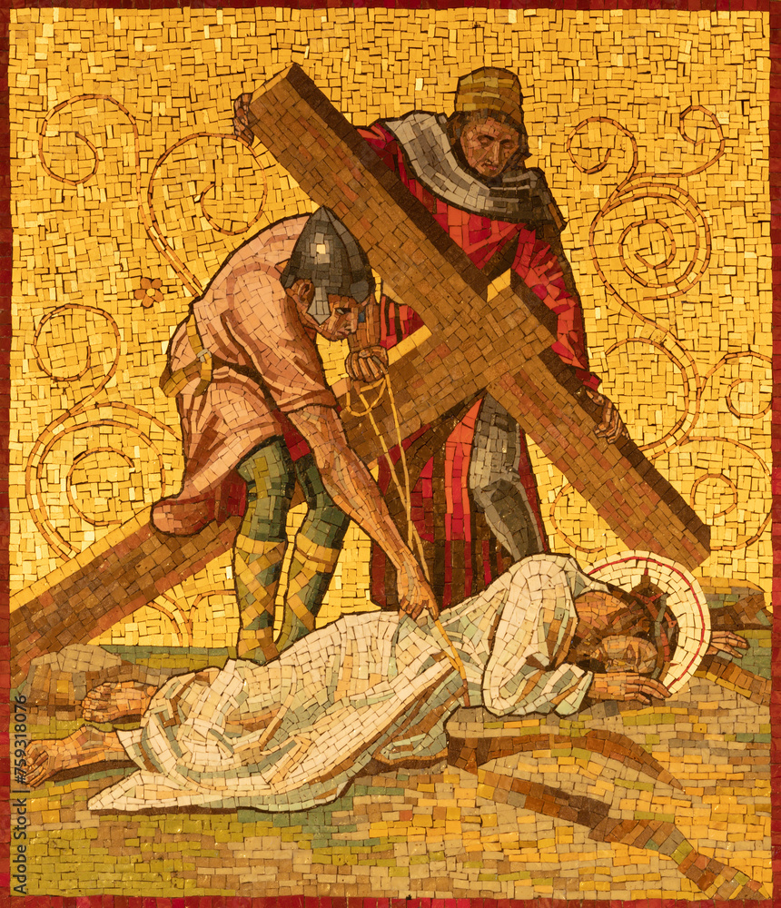 MILAN, ITALY - MARCH 4, 2024: The mosaic Fall of Jesus under the cross ...