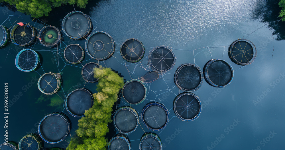 Sustainable Ecosystems: Overhead Panorama of a Freshwater Fish Farming ...