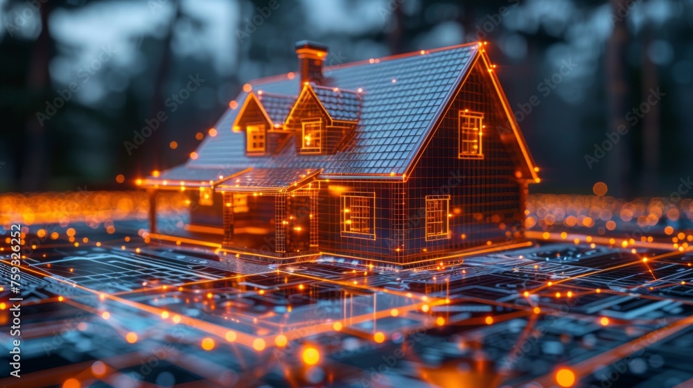 House hologram floating over a digital blueprint, envisioning the ...