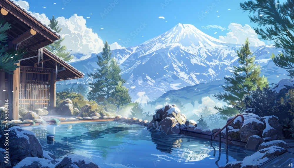 Hot Springs in a traditional Japanese house with the Fuji mountains in ...