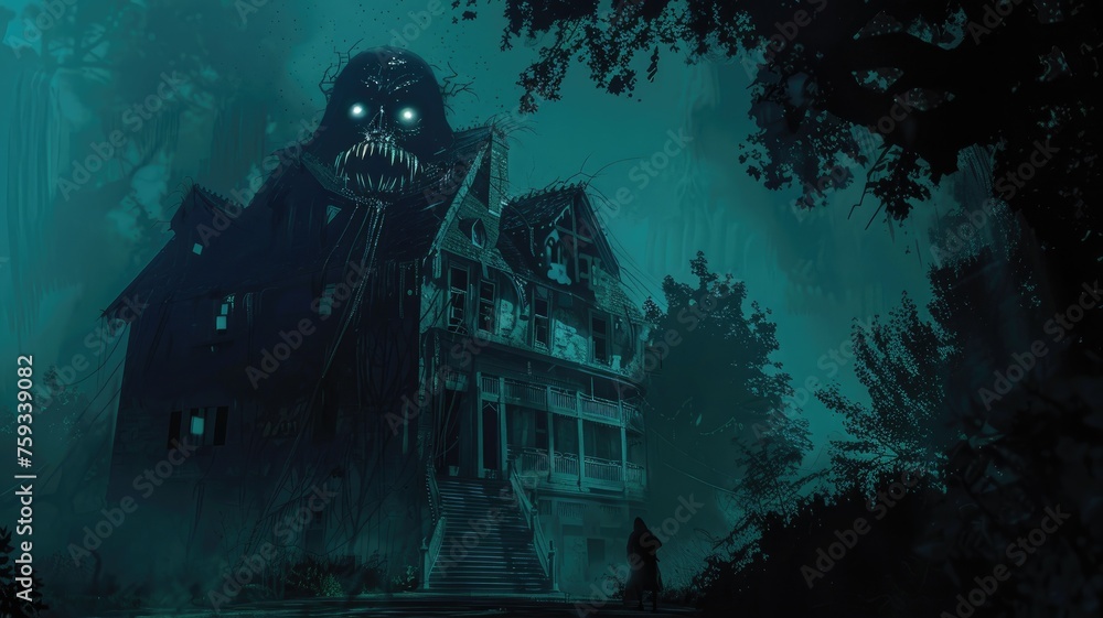 Creepy haunted mansion with glowing windows - A terrifying digital ...