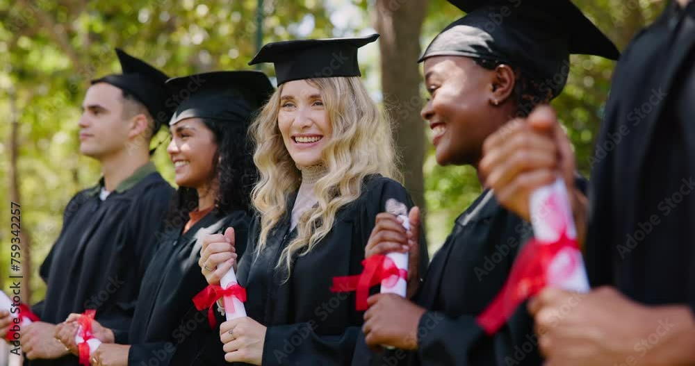 University, happy students and certificate at graduation at ceremony at ...