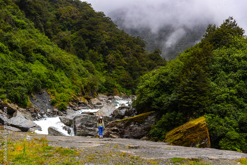 lovely girl stands and admires powerful falls and Haast river ...