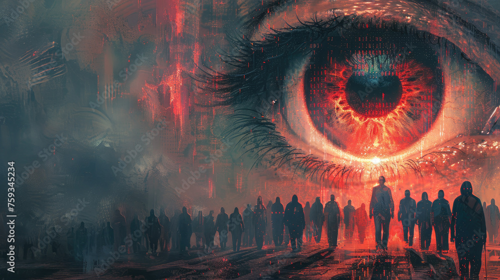 Eye overseeing a dystopian reality with masses - An omnipresent red eye ...