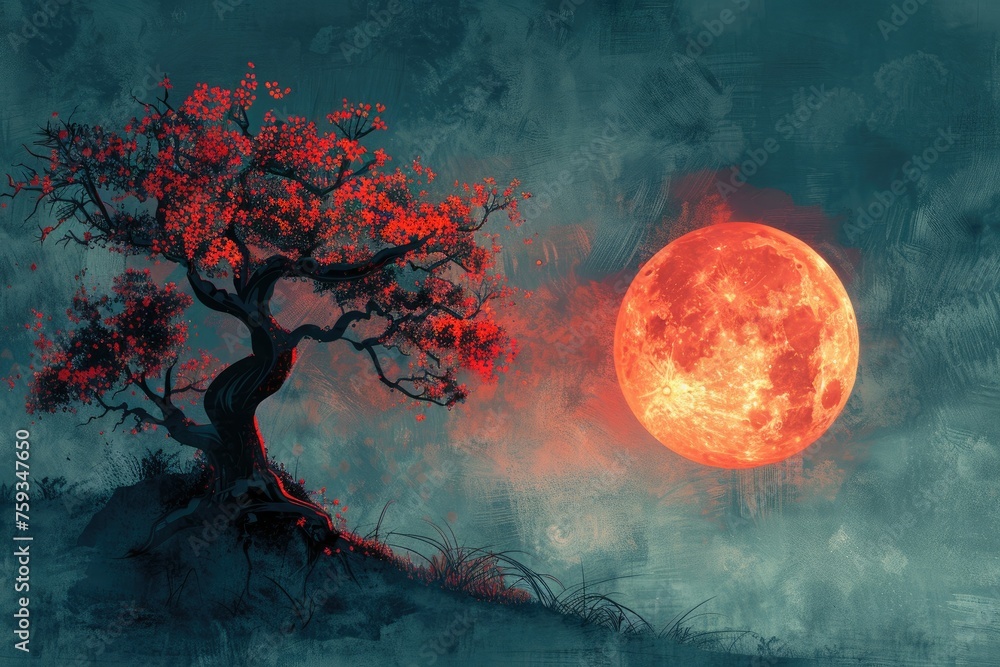 Mystical blood moon with a silhouette tree - Enigmatic image of a blood ...