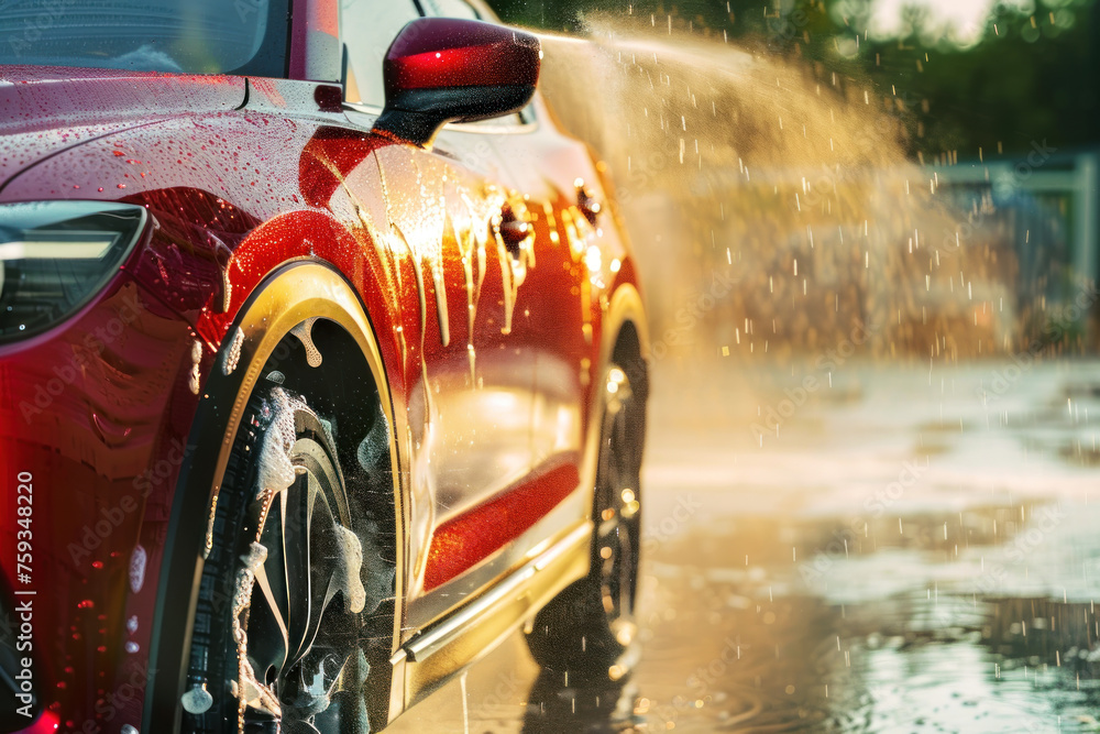 Manual car wash with pressurized water in the car wash outside. Summer ...