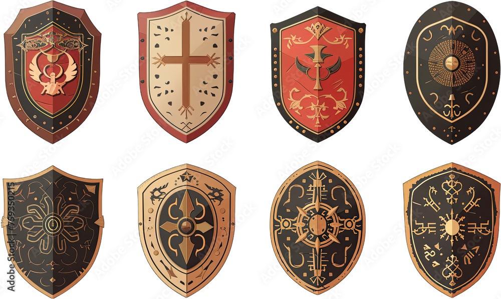 Eight meticulously cut-out shields against a neutral background ...