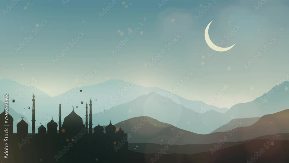 Islamic Background Animation with mosque, birds fly and particles fall ...