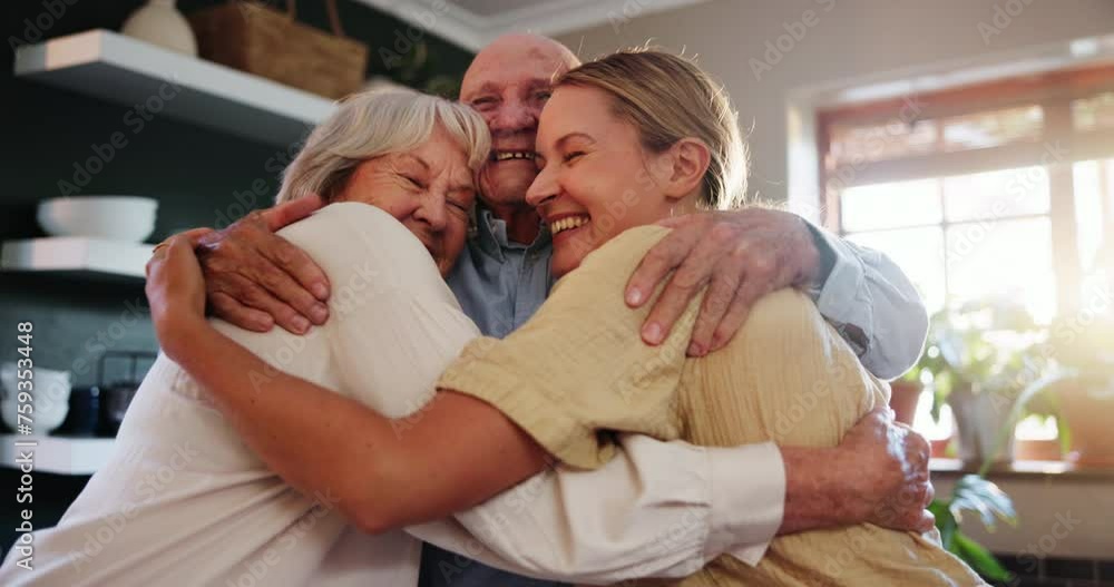 Smile, hug and woman with senior parents in living room of family house ...