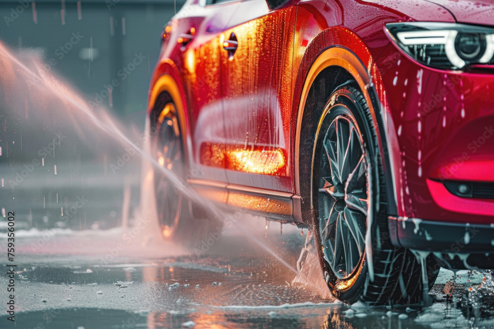 Summer car wash with pressurized water in the car wash outside ...