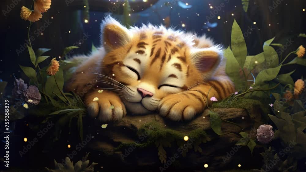 Cute fluffy tiger peacefully asleep in the magical jungle under ...