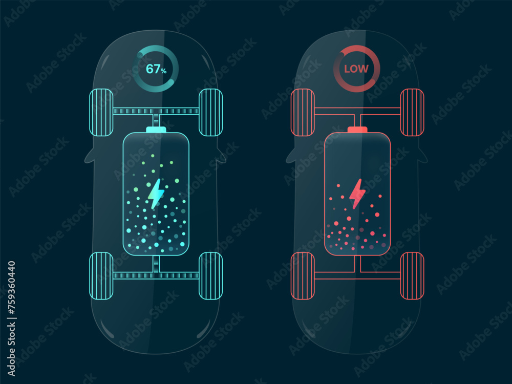 Top view electric car chassis show vehicle battery dashboard hologram ...