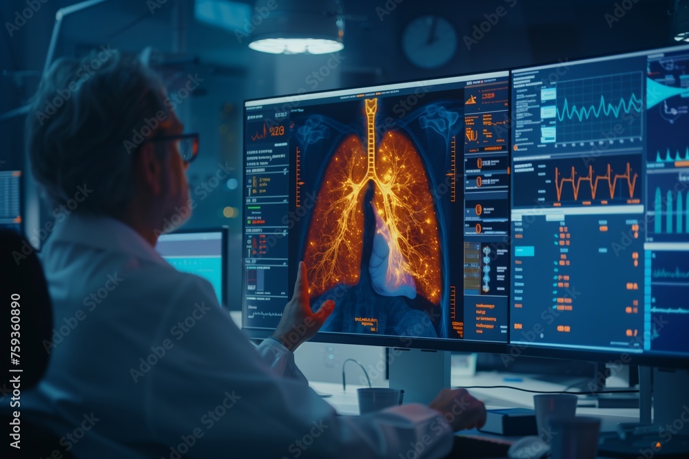 Medical professional examining a high-tech screen with a detailed ...