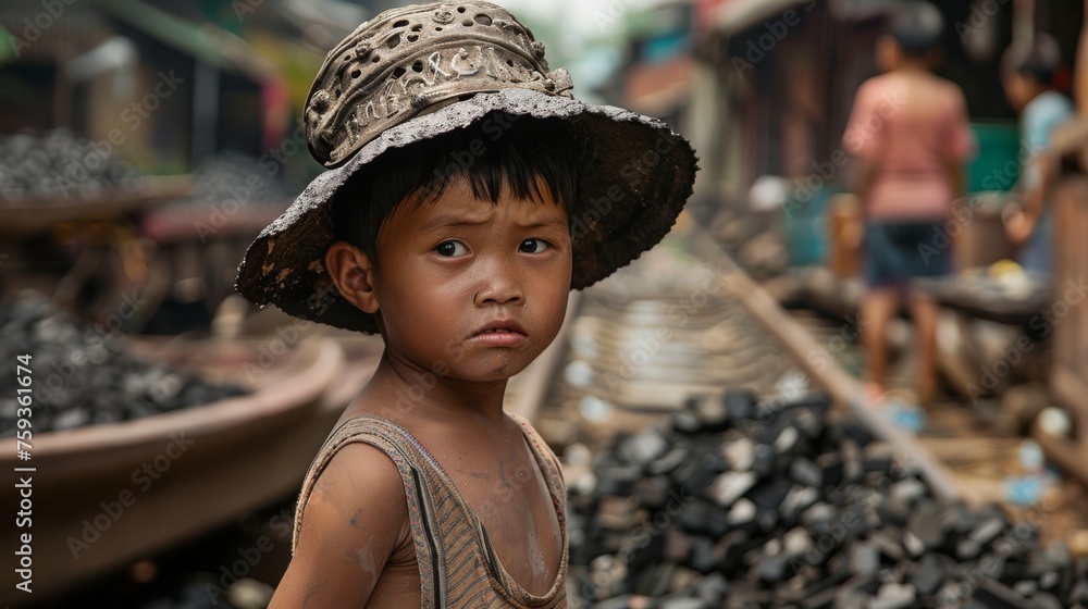a young asian chinese kid working outdoors on a construction, illegal ...