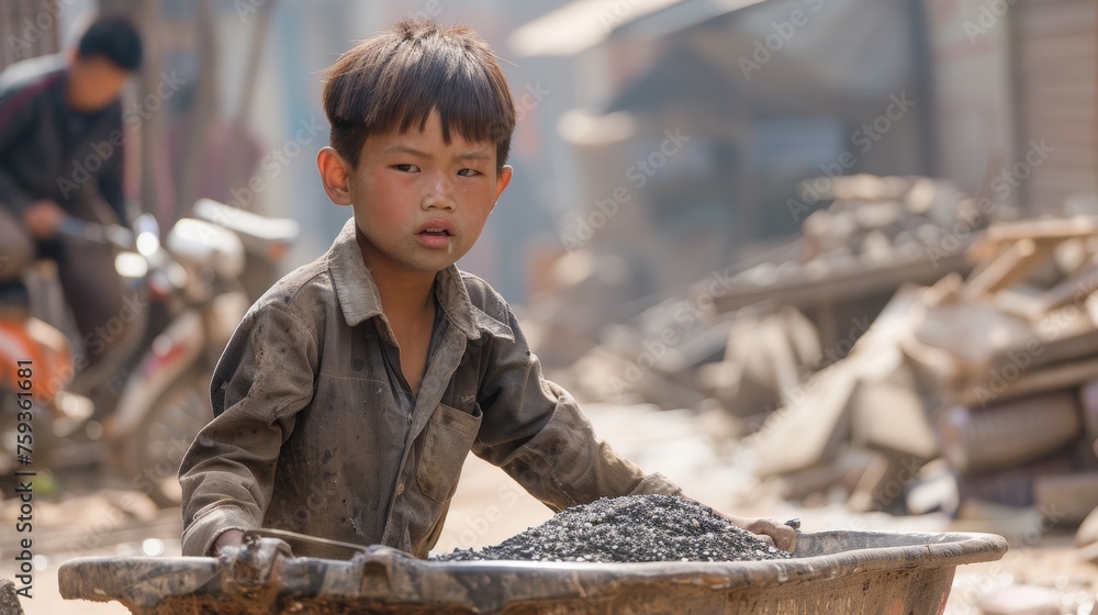 a young asian chinese kid working outdoors on a construction, illegal ...