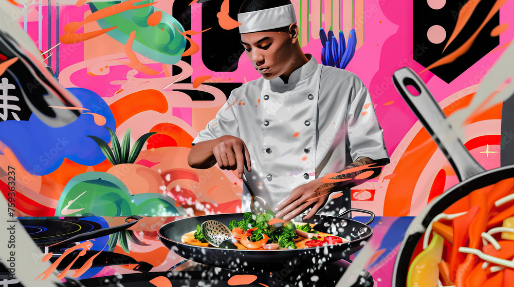 Asian American chef preparing a fusion cuisine dish that blends ...