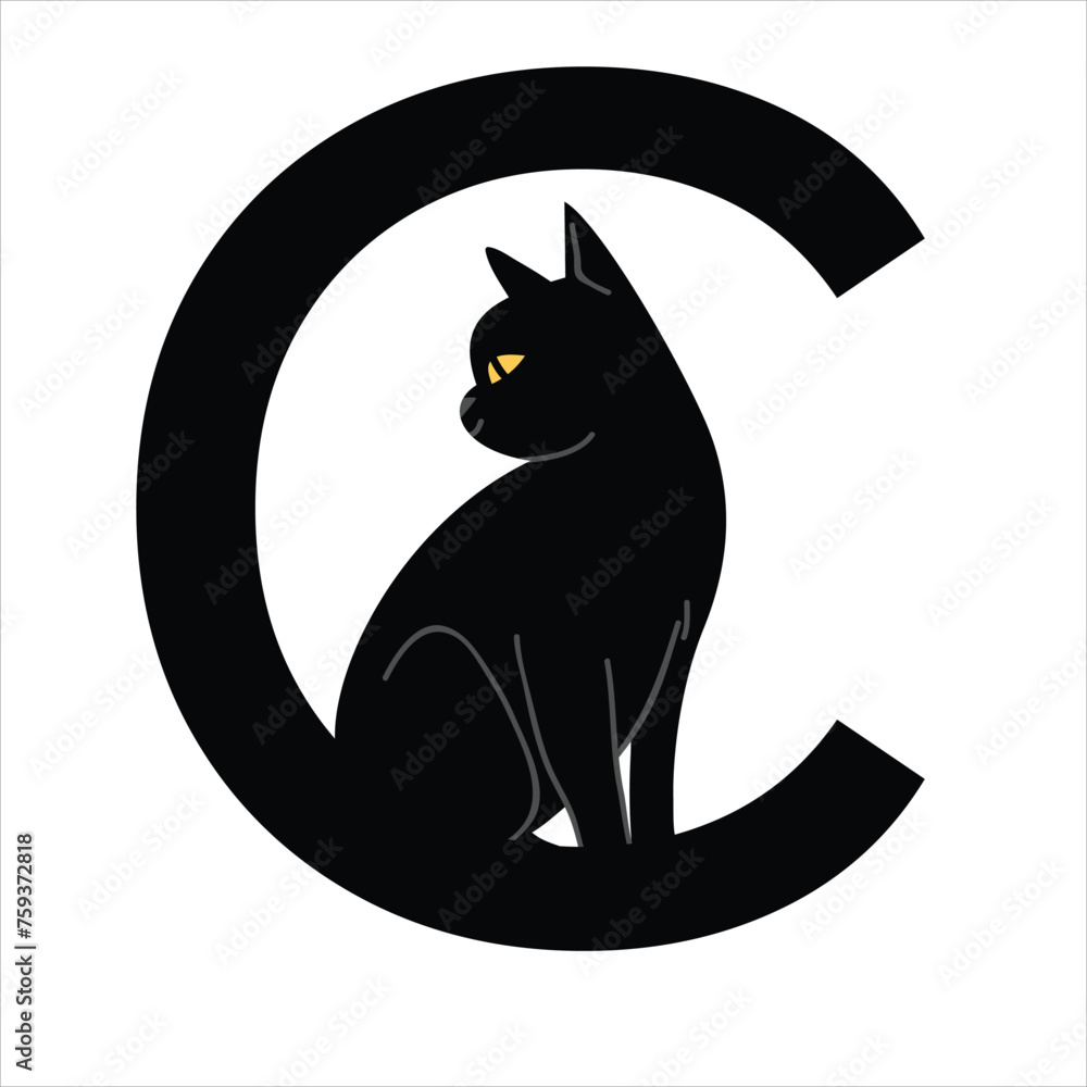 English alphabet C. Children's colored letter C. Black cat vector illustration for icon, symbol ...