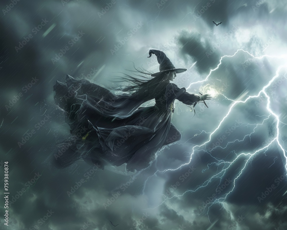 Lightning crackling and thunder booming as the witch races onward Stock ...