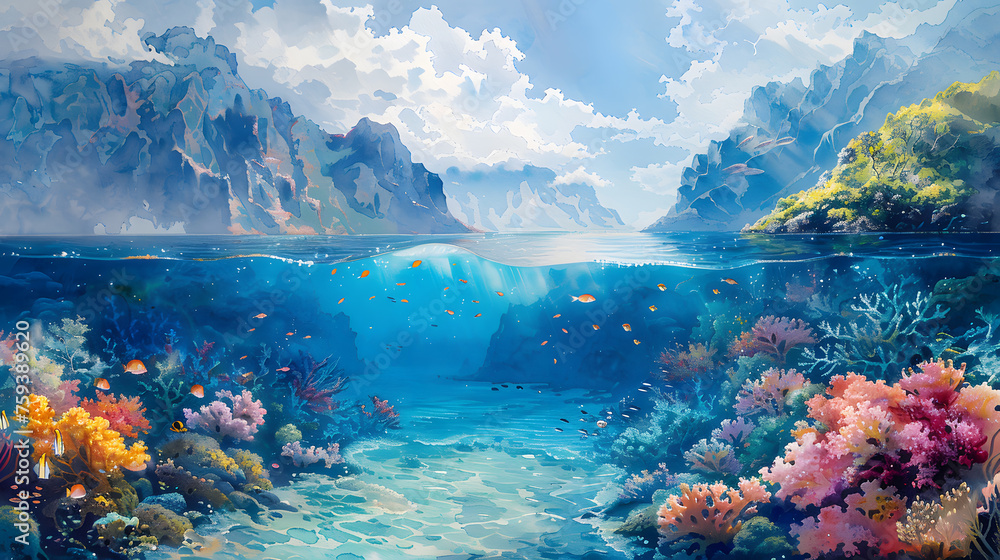 Captivating Half Underwater Seascape and Sky with Landscape in ...