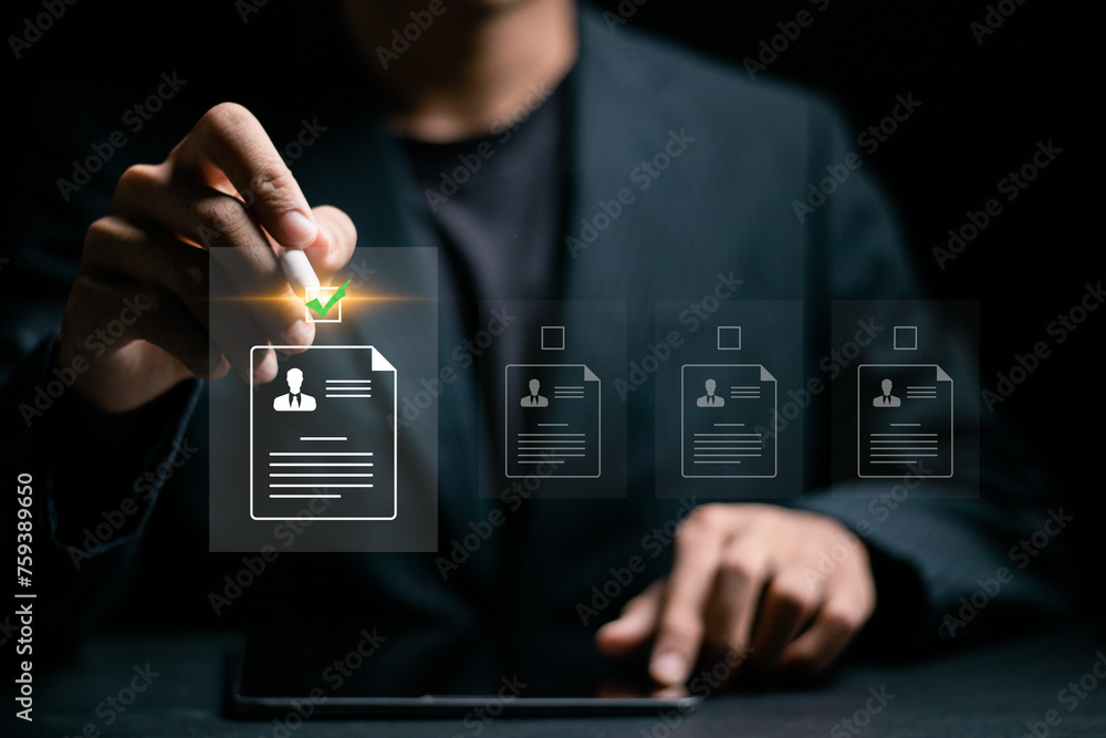 Businessman checking cv resume on virtual screen. Recruitment process ...