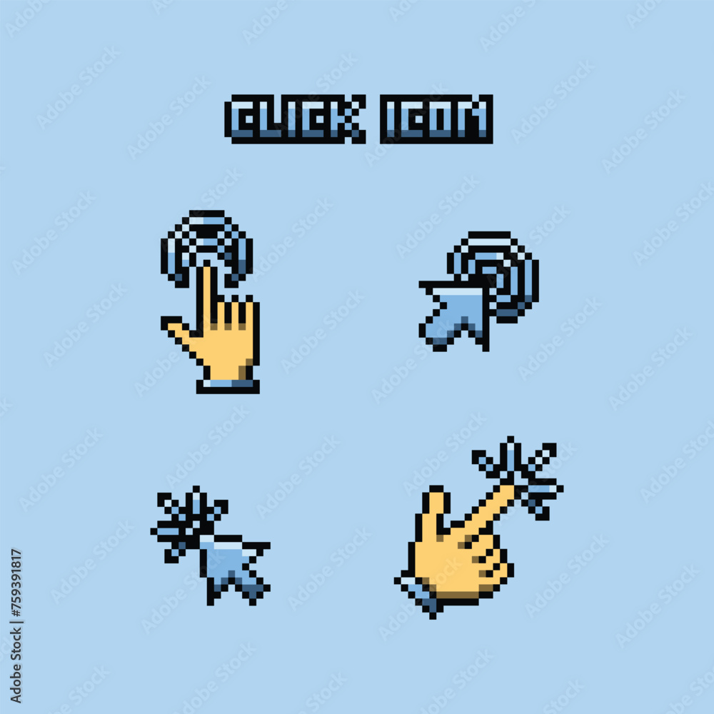 this is click icon in pixel art with simple color and blue background ...