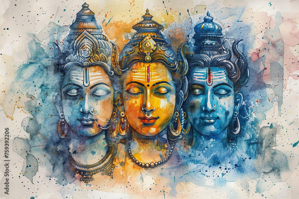 Hand draw watercolor of The Hindu Trimurti consists of three main ...