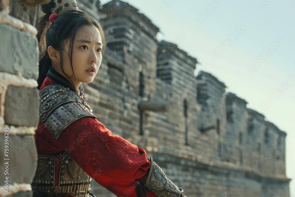 A fierce Asian warrior, clad in armor, standing atop a castle wall. Her ...
