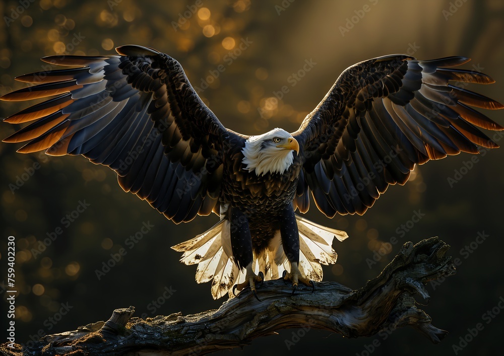 eagle landing branch wings spread flag radiant light golden rays ...