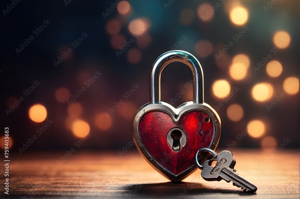 Glowing heart shaped lock with vintage key on bokeh background with ...