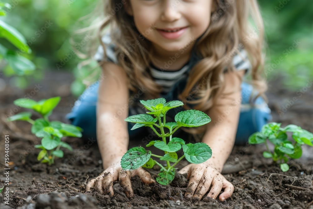A young girl smiles as she plants a sapling in the soil, her hands ...