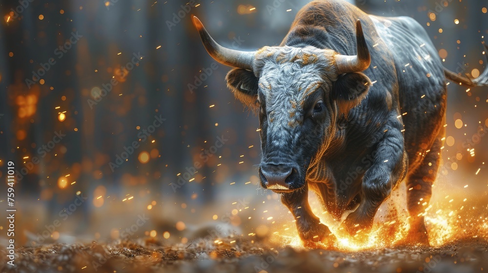 Dynamic bull breaking through barriers, with shards representing ...