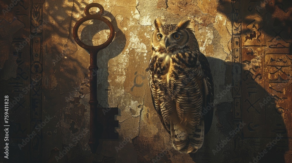 Owl casting a shadow that forms a key, set against a backdrop of ...