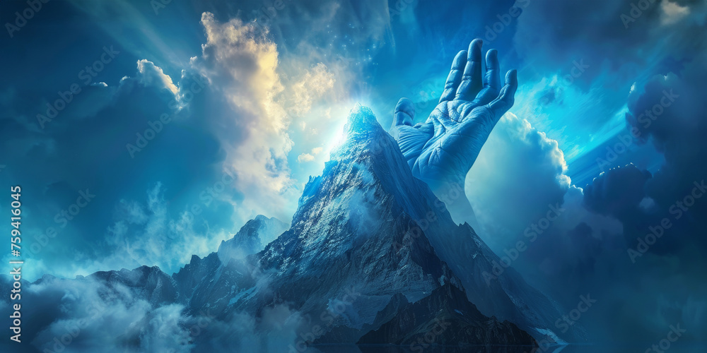 A surreal portrayal of Gods hand reaching down from a dazzling blue ...
