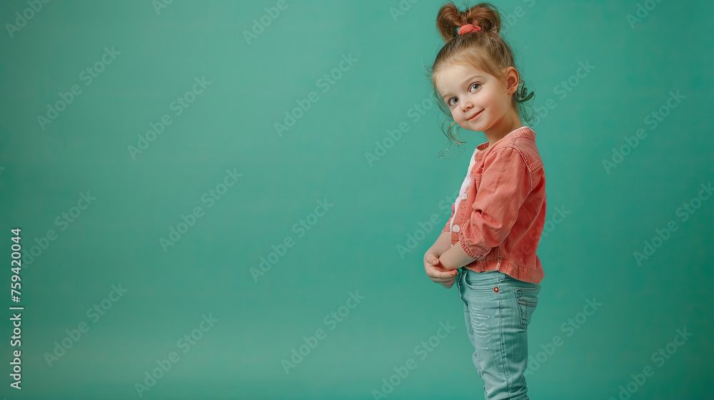 Full body side view little child kid girl 6-7 years old wears casual ...