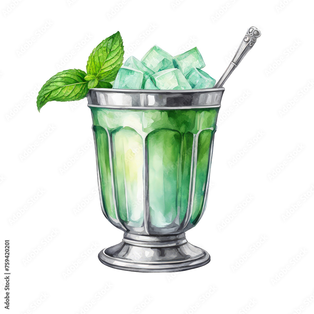 Mint julep in a silver julep cup watercolor illustration, vector ...
