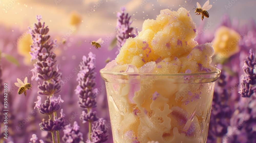Lavender lemonade shaved ice in a 3D cartoon lavender field, bees ...