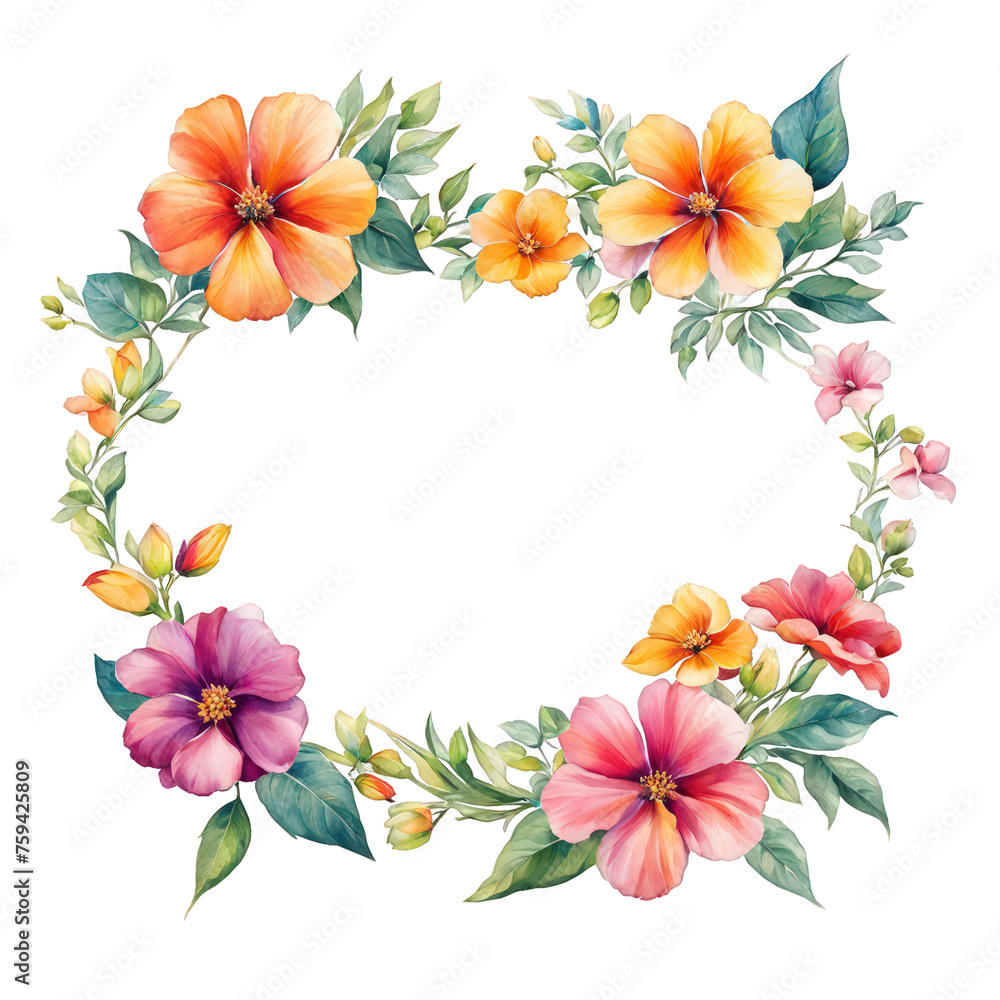 Colorful flower frame Lauren wreath style, flowers overlay watercolor ...
