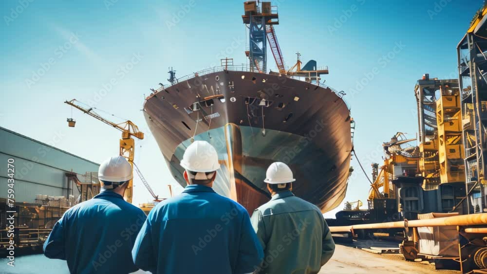 Big ship under construction in shipyard with shipyard workers around ...