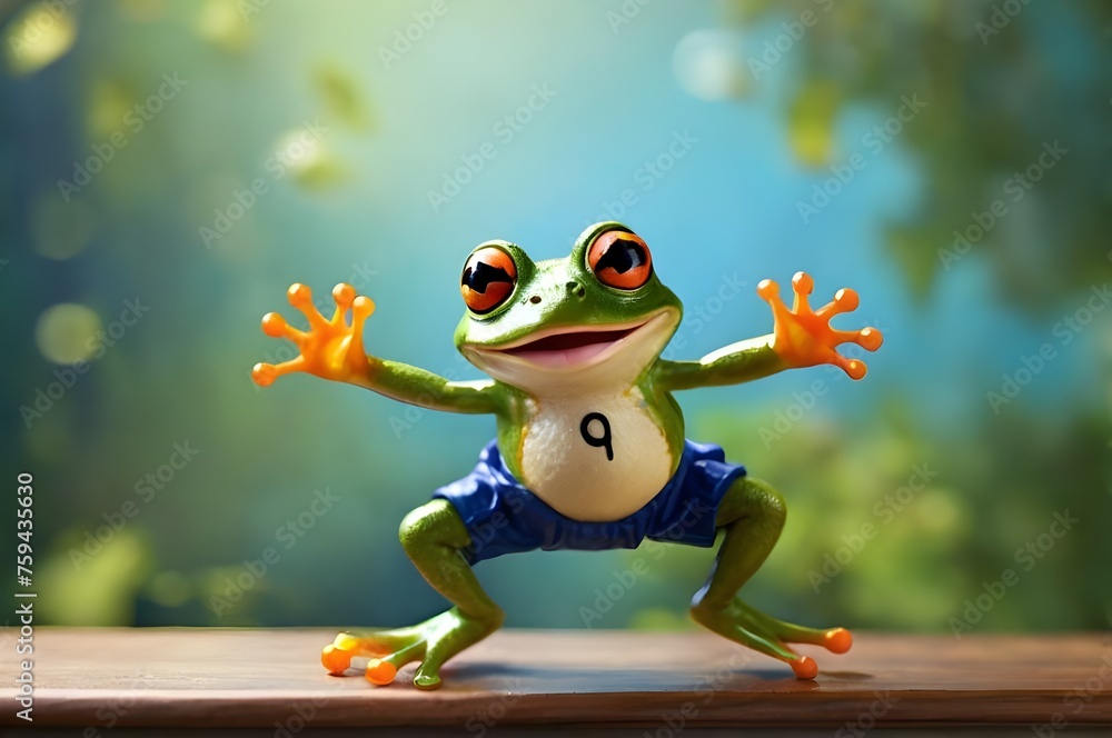 Green Frog raising hands with happy face on green bokeh background with ...