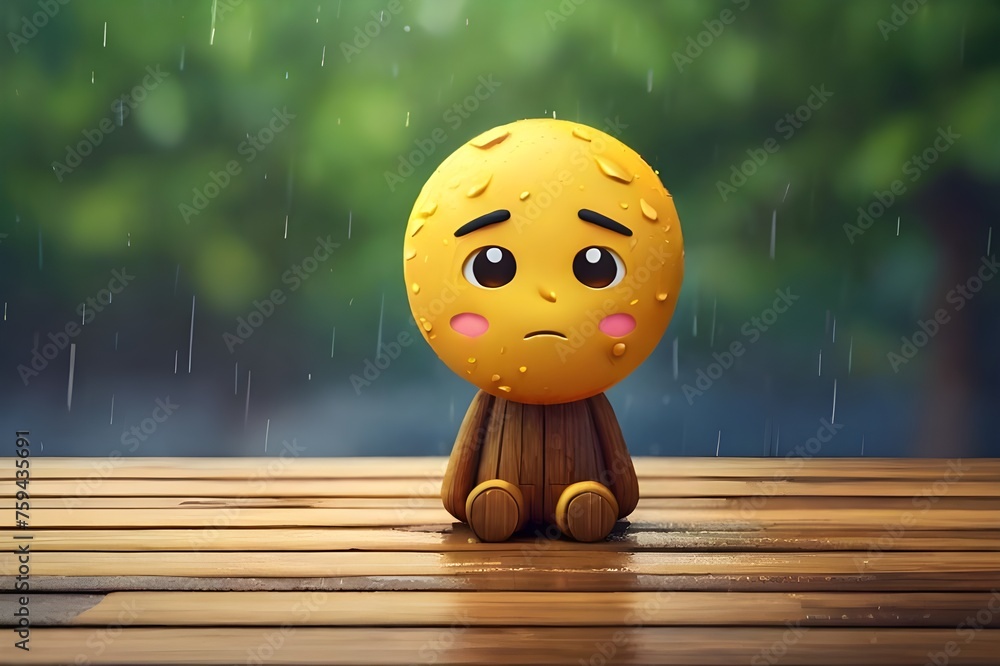 Sad emoji kid sitting alone in a rainy day with copy space. Mood off ...