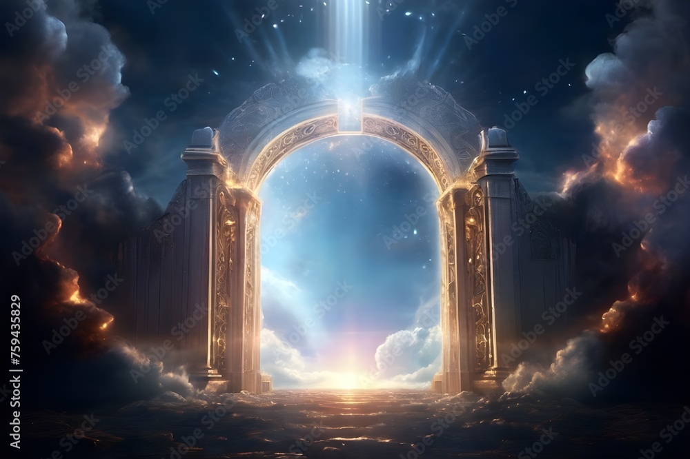 A depiction of the gates to heaven open on bright cloudy sky background ...