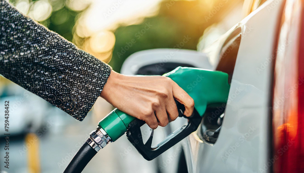 hand grips gas pump at modern station, symbolizing fuel consumption ...