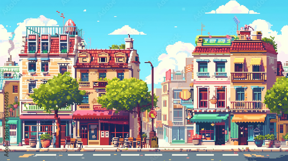 pixel art of city , side street with blue sky , 16 bit ,32 bit game art ...