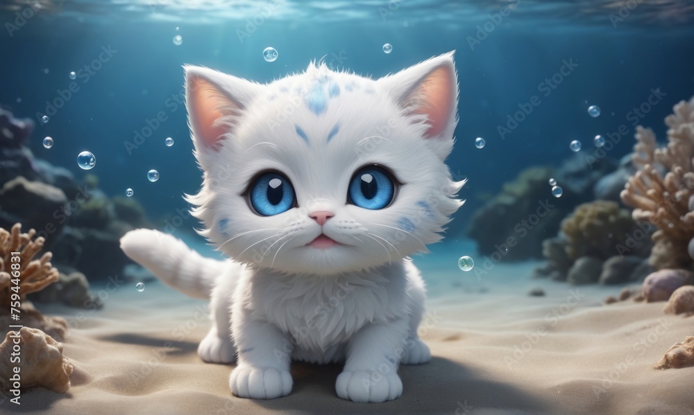 white baby cat been walking along the ocean floor, leaving a trail of ...