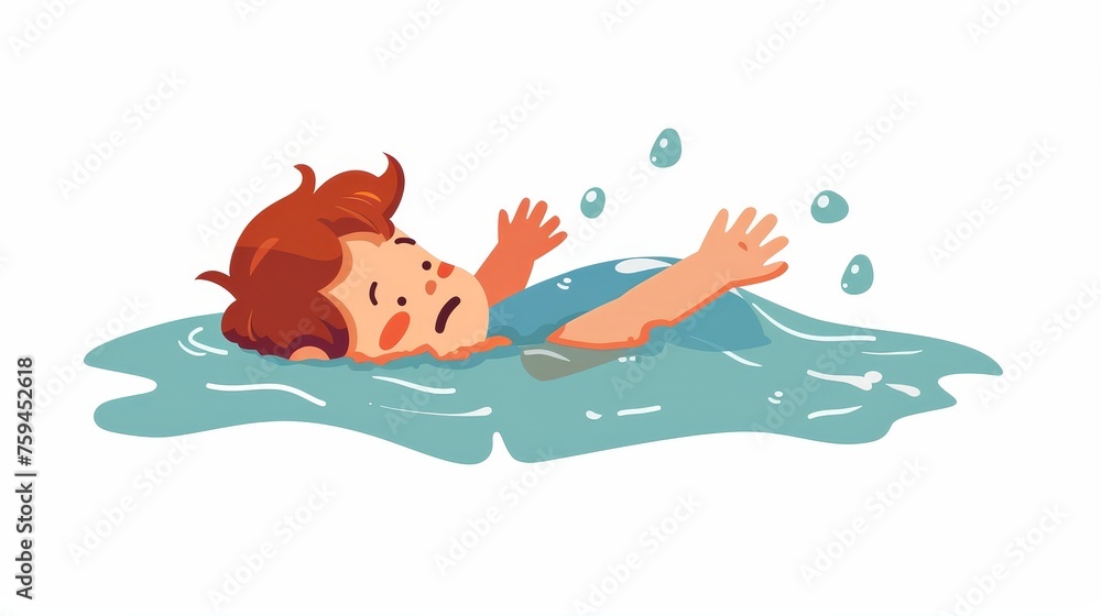 Animated flat modern image of a toddler drowning in water, sinking in ...